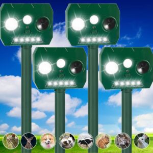 4 pcs solar ultrasonic animal repellent 2024 cat deterrent outdoor with flash light & motion detector to repel squirrel, cat, deer, skunk, rabbit, mole, rat, dog, raccoon for yard garden patio