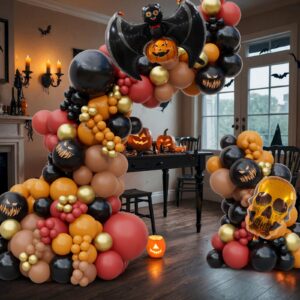 dbkl 160pcs halloween balloon garland arch kit, black dusty orange yellow gold halloween balloon arch with giant pumpkin skull bat foil balloons 3d bat stickers for halloween party decorations