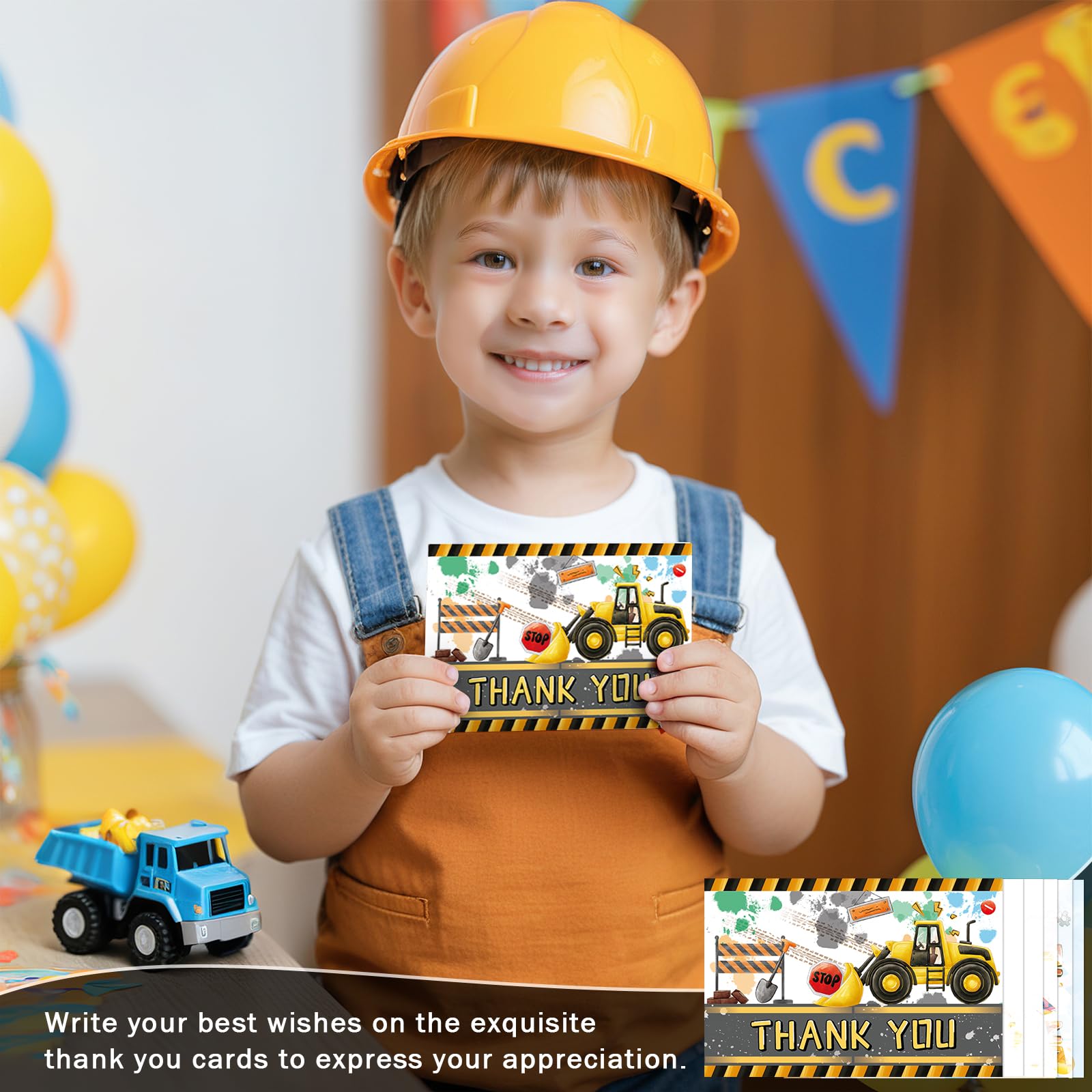 WERNNSAI Construction Thank You Cards - 24 PCS Construction Party Supplies Dump Truck Greeting Cards with Envelopes Stickers Appreciation Thank You Notes for Boys Kids Birthday Party Baby Shower