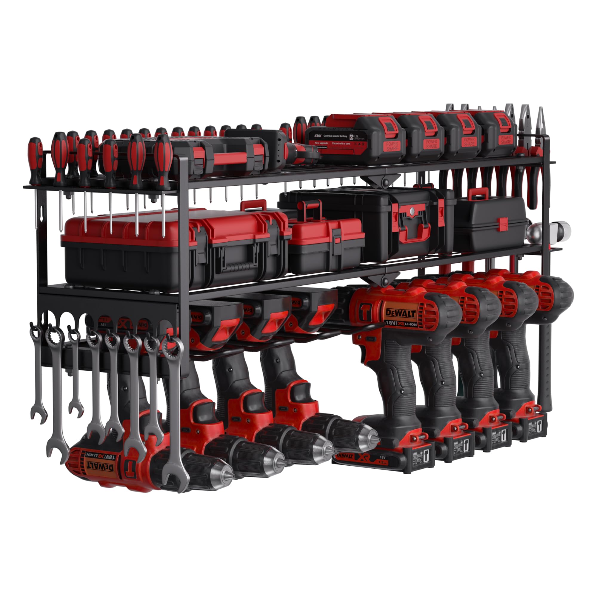 Power Tool Organizer, 8 Drill Holder Wall Mount, Tool Organizer and Storage Rack for Garage Organization, Heavy Duty Metal Tool Organizer and Battery Shelf with Hooks/Screwdriver/Plier/Hammer