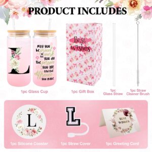 WINOWIMO Initial Glass Cups with Lids and Straws, Personalized Gifts for Women, Iced Coffee Cup Glass Tumbler, Birthday Bridesmaid Proposal Inspirational Customized Christmas Gifts for Women Girls (L)