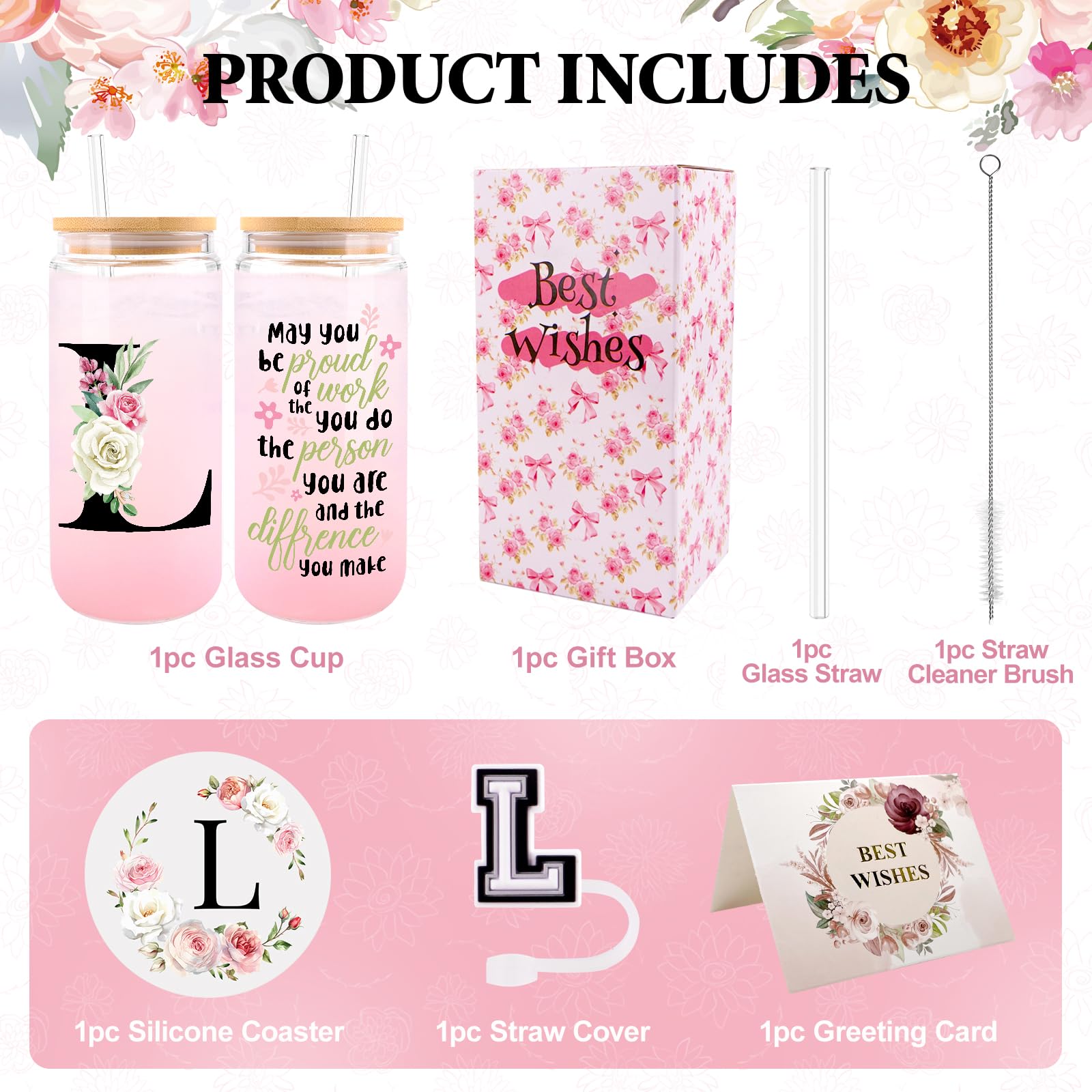 WINOWIMO Initial Glass Cups with Lids and Straws, Personalized Gifts for Women, Iced Coffee Cup Glass Tumbler, Birthday Bridesmaid Proposal Inspirational Customized Christmas Gifts for Women Girls (L)