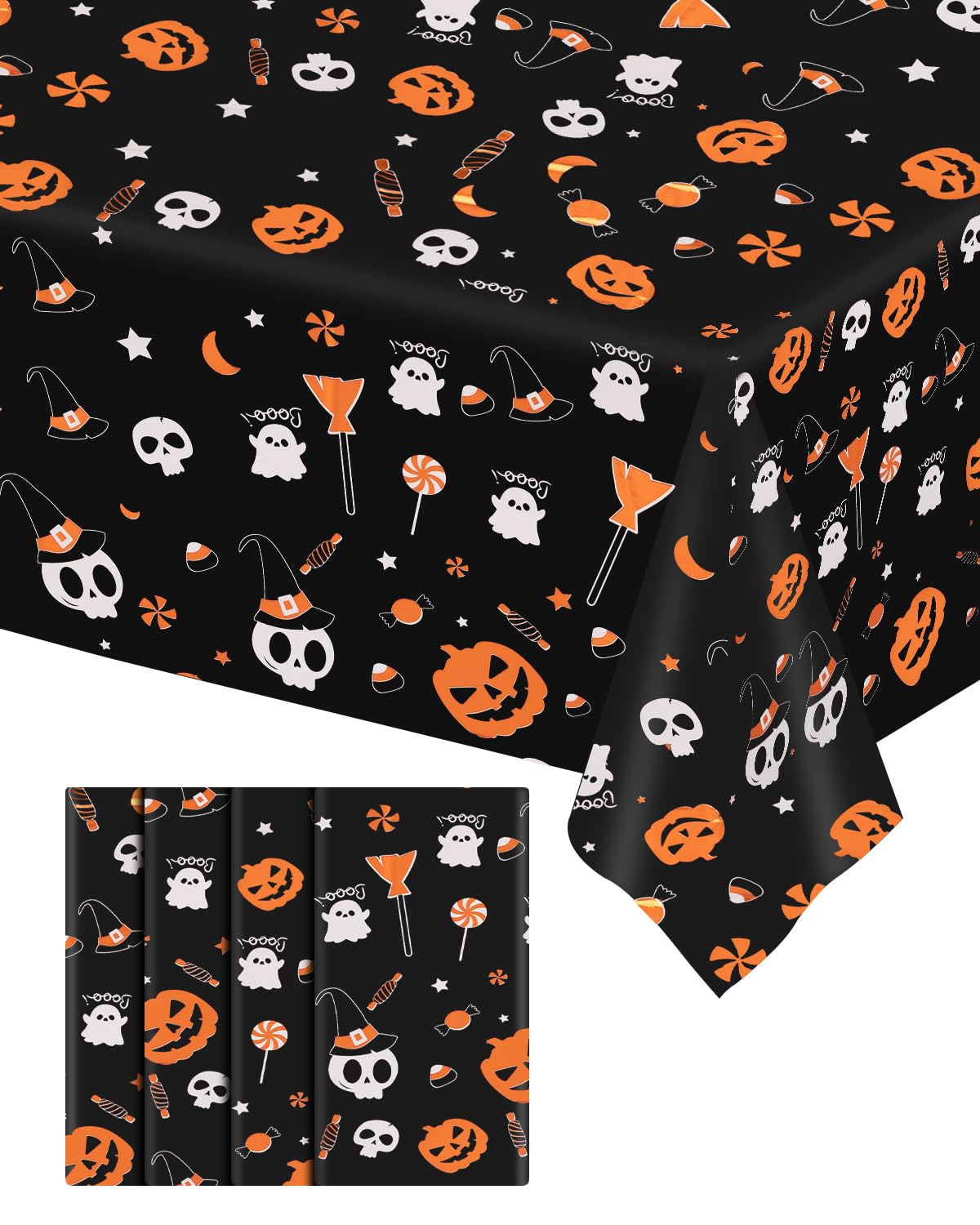 Colemoly Halloween Table Cloth 5 Pack 54in x108in Plastic Table Cover, Bat & Pumpkin Rectangle Disposable Tablecloth, Black Table Cloths for Parties Decoration