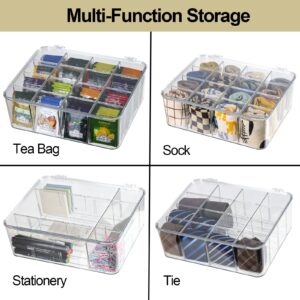 ZEXALOR Plastic Clear Storage Containers, Set of 2, Sock Organizer Divided Boxes with Lids, Underwear Drawer Organizer, Tie Organizer, Dresser Organizer (11.8×9.4×3.9")