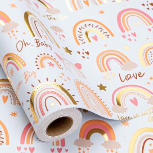 afucus boho rainbow wrapping paper, gold foil rainbow, clouds, hearts and stars themed gift wrap paper, cute mini rolls for birthday, baby shower, boy, girl, kids (17 inch x 33 feet)