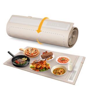 electric warming tray for food, full surface heating portable food warmer mat 3 temperature settings, foldable silicone heating mat for buffet, gatherings, parties, beige