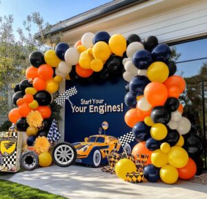 race car balloon arch - blue black yellow balloons double stuffed black white sand yellow balloons navy blue orange beige balloon garland kit for race car fire truck birthday baby shower party decor