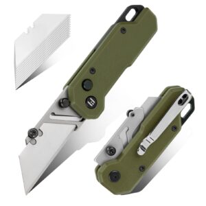 hightron vectron folding utility knife box cutter,box cutter knife,pocket carpet knife,razor knife with g10 handle&belt clip,quick-change blade,utility pocket edc knife with 10 extra sk2 blades(green)