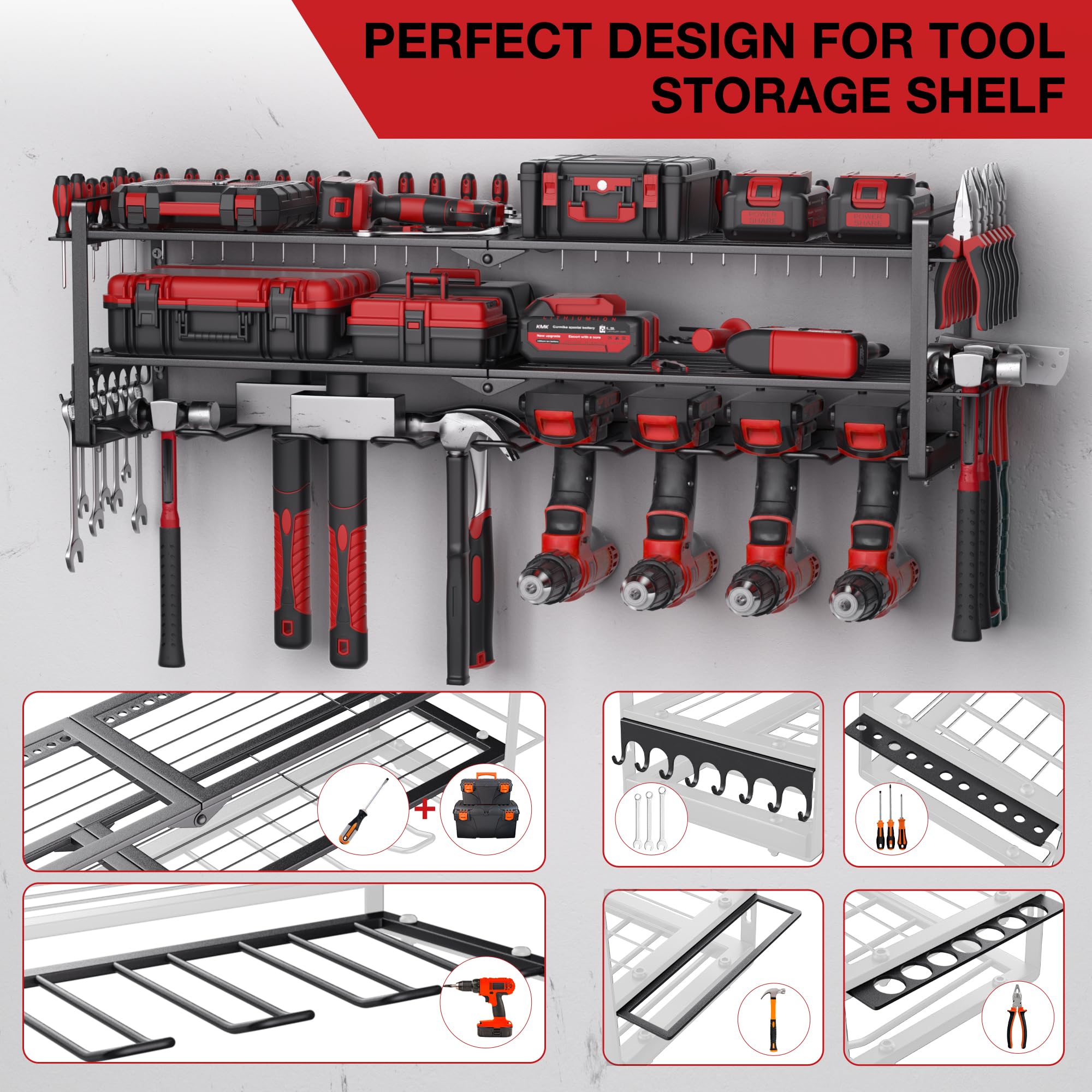 Power Tool Organizer, 8 Drill Holder Wall Mount, Tool Organizer and Storage Rack for Garage Organization, Heavy Duty Metal Tool Organizer and Battery Shelf with Hooks/Screwdriver/Plier/Hammer