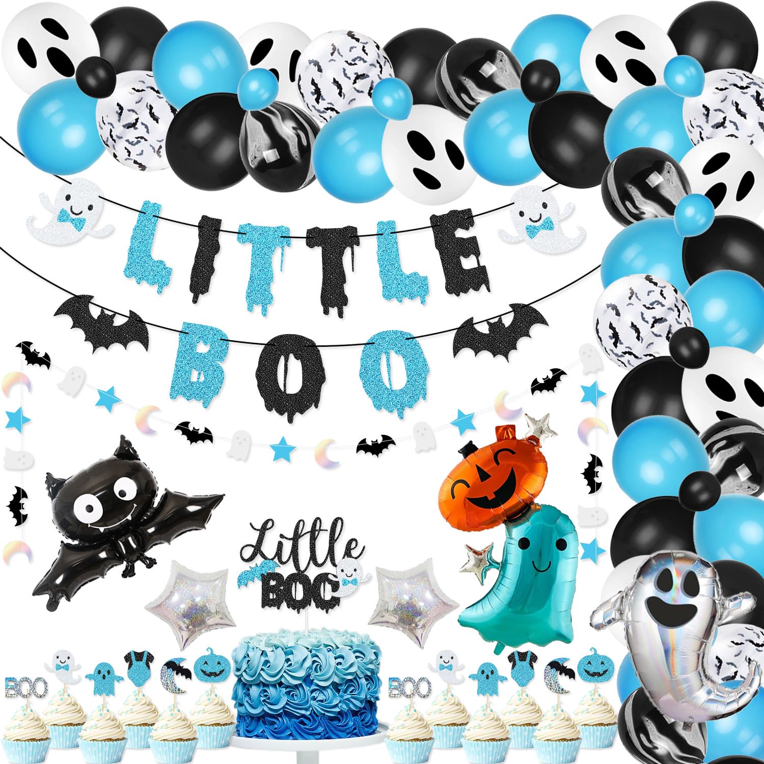 92 Packs Blue Black Little Boo Party kit Little Boo Banner Cake Topper Halloween Ghost Bat Balloons for Blue and Black Halloween Boy Baby Shower Decorations