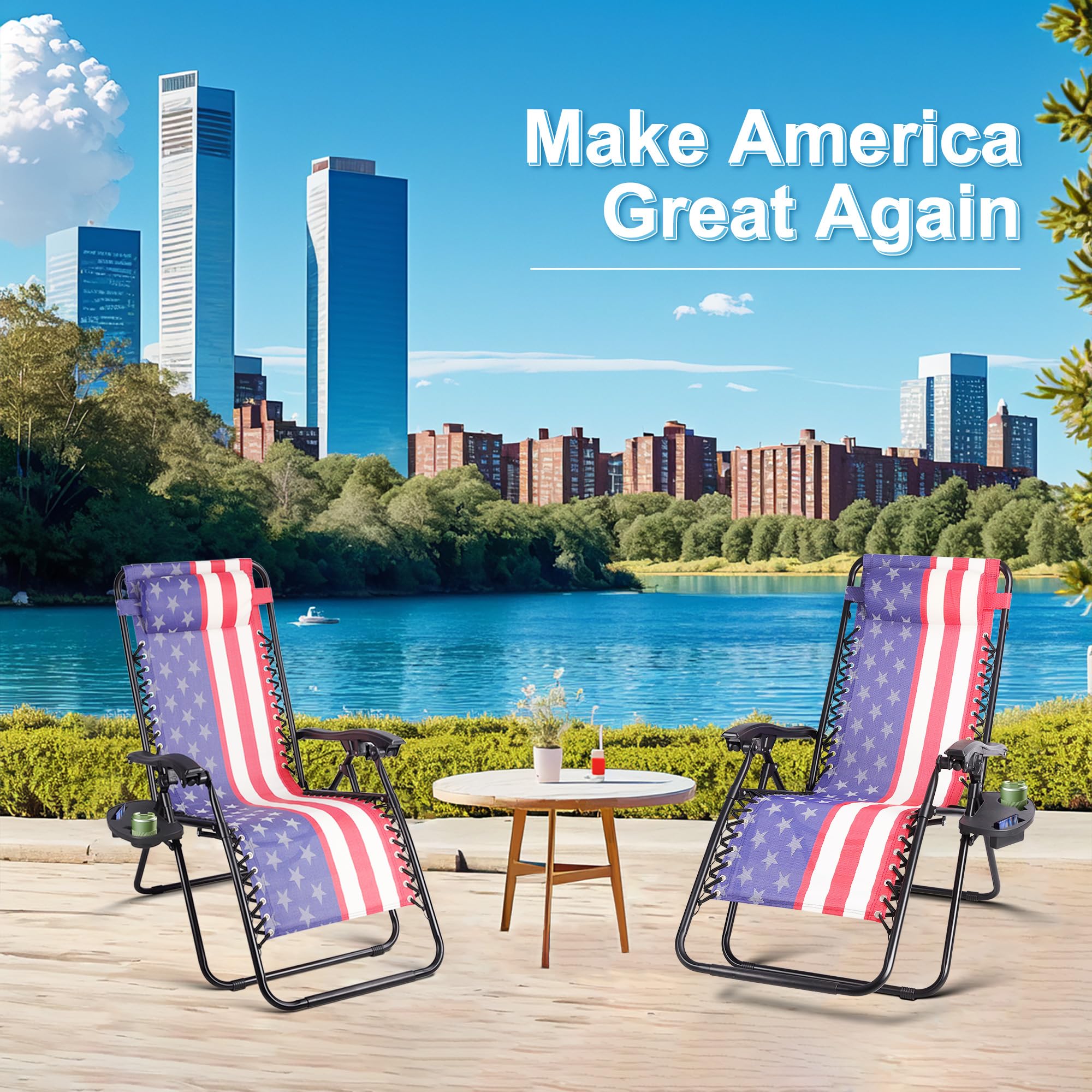 Northroad Set of 2 Zero Gravity Lounge Chairs Adjustable Steel Mesh Relaxing Recliners Outdoor Folding Patio Lawn Chair w/Pillows & Cup Holder Trays - American Flag