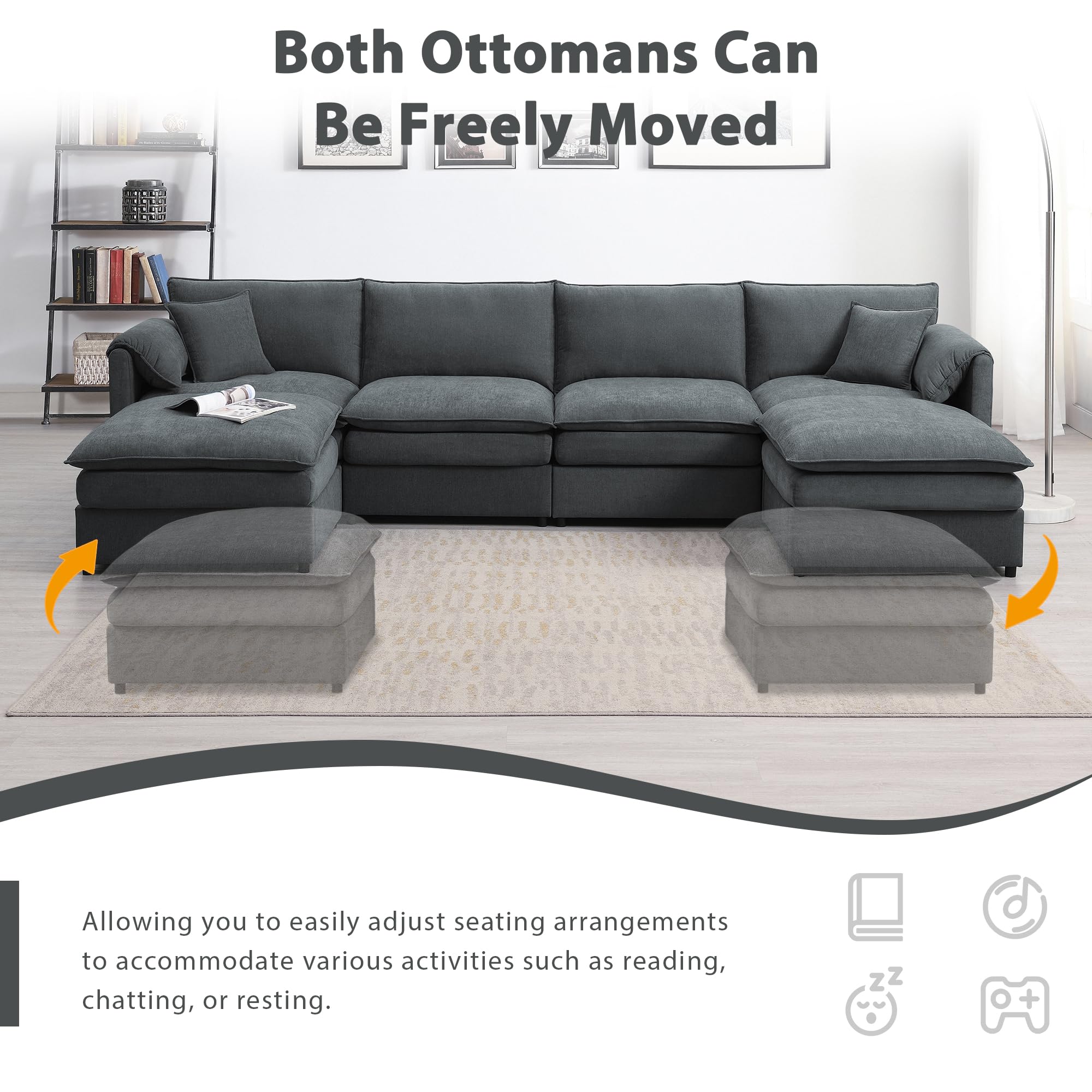 ONEMMLION 134" Cloud Couch Sectional Sofa with Ottomans, Modular Sectional Couch with Double Cushions, Modern 6 Seat Comfy Oversized Chenille U Shaped Couch for Living Room, Grey