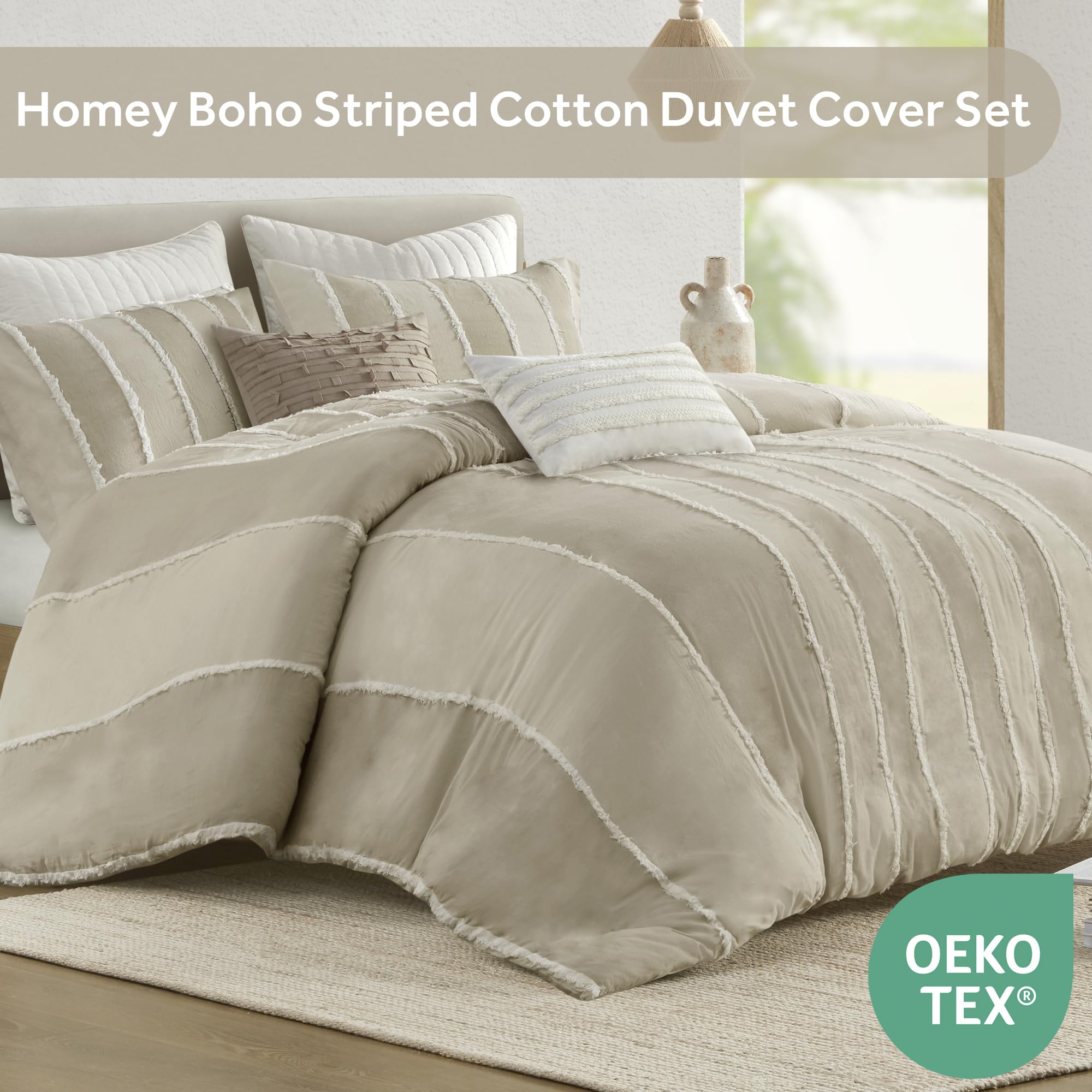 INK+IVY King Duvet Cover Set Boho Duvet Covers Stripes, Clipped Jacquard, Cotton Duvet Cover for King Size Bed, All Season Lightweight King Bedding Cover & Shams, Shay, King/Cal King, Taupe 3 Piece