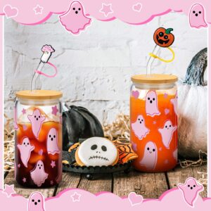 Yetene 17 oz Pink Ghost Halloween Cup 4 Pcs Straw Cover Ghosts Glass with Bamboo Lid Glass Straw Cute Spooky Iced Coffee Cup Smoothie Can Cup Halloween Gifts for Women Teens