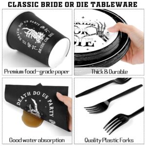 durony 144 Pieces Bride or Die Paper Plates and Napkins Dinnerware Set Halloween Party Tableware Includes Paper Plates Napkins Forks Serve 24 for Bachelorette and Halloween Party Supplies