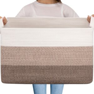 oiahomy extra large blanket basket, 90l cotton rope woven laundry basket, toy basket for baby room, basket for blanket storage in living room, 24''×16.5''×14'', gradient brown