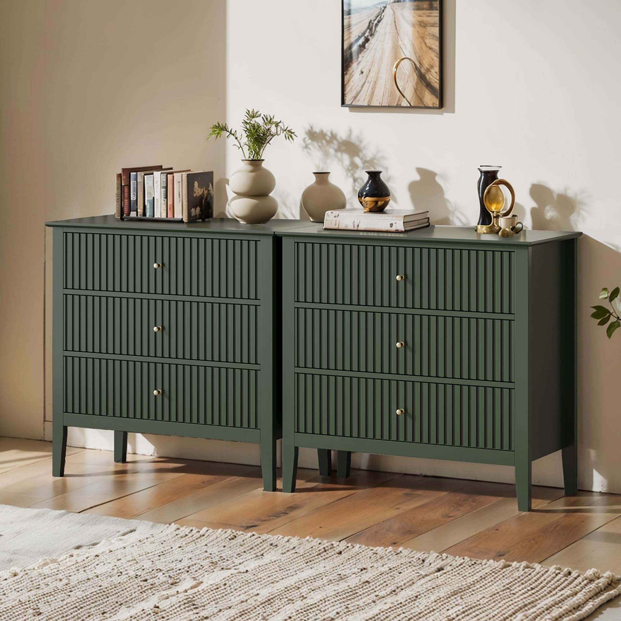 May in Color Green 3 Drawer Dresser, Painted 30 Inch Tall Wood Nightstand with Storage, Wide Modern Chest of Drawers with Ball Bearing Slide for Bedroom Hallway Living Room Entryway Office