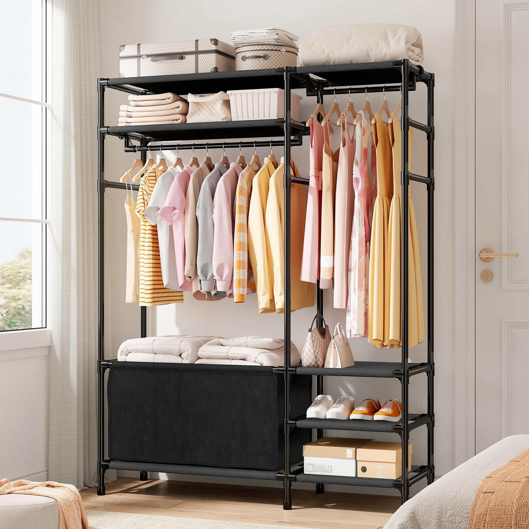 Raybee Clothing Rack, Portable Clothes Rack with Large Storage Bag Closet Rack for Storage Shoes, Clothes, Quilts, Bags, Clothing Racks for Bedroom, Cloakroom, Entryway 41.9" W x16.1 D x 67.6" H