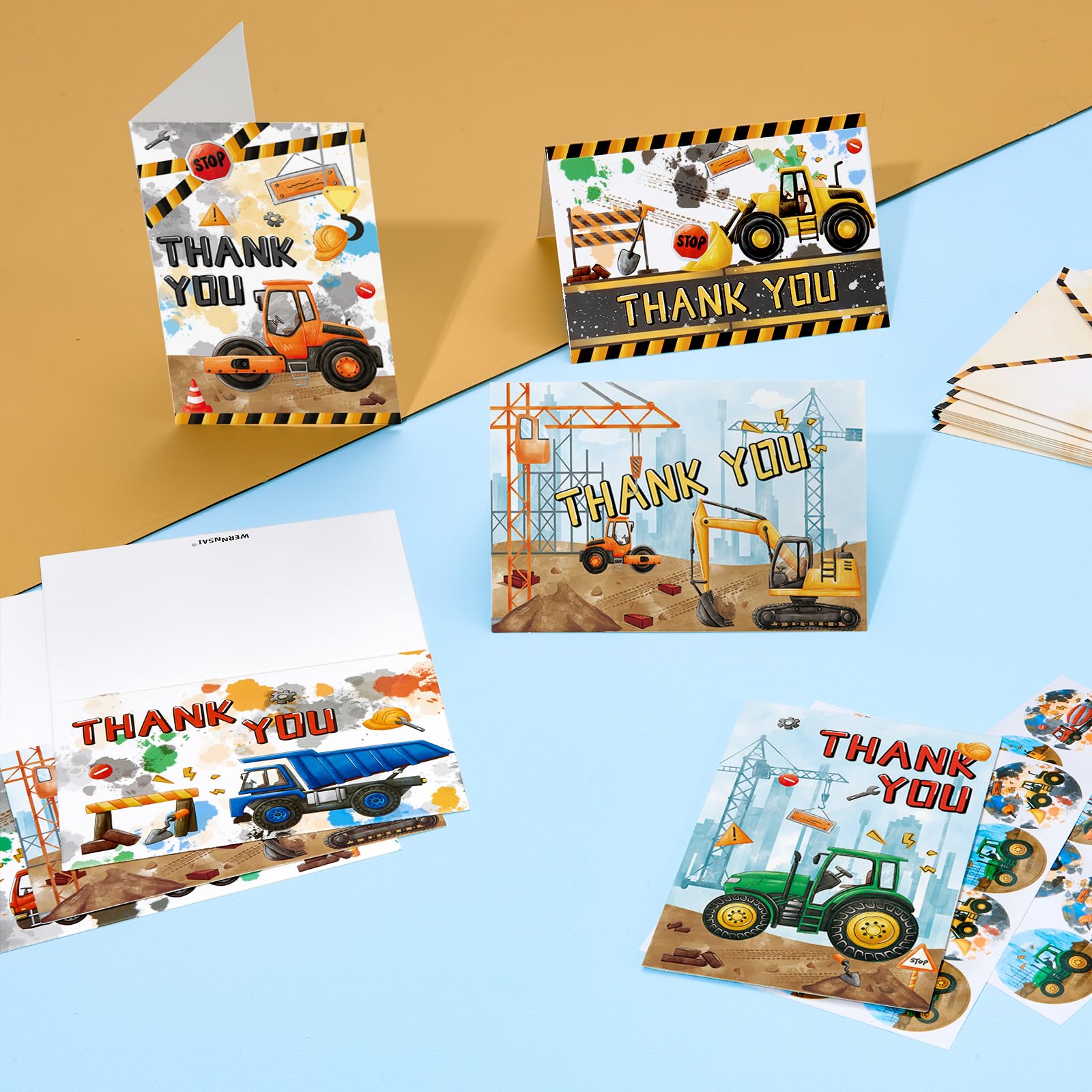 WERNNSAI Construction Thank You Cards - 24 PCS Construction Party Supplies Dump Truck Greeting Cards with Envelopes Stickers Appreciation Thank You Notes for Boys Kids Birthday Party Baby Shower