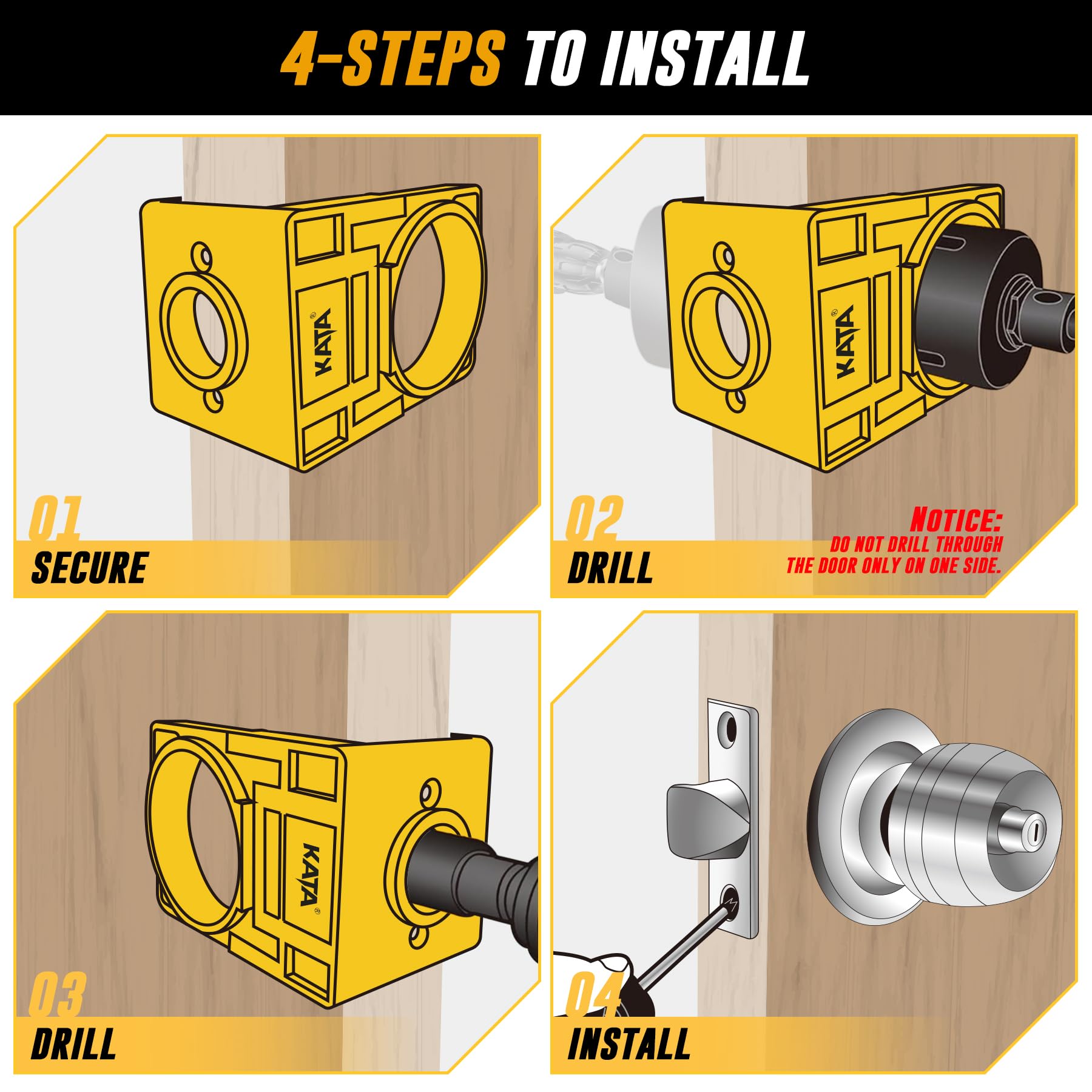 KATA 1-3/8" - 1-3/4" Door Lock Installation Kit with Large Chip-Clearance Slots, Door Lock Hole Saw for Deadbolts and Locksets for Wooden Doors with Guide Template, Carbon Steel