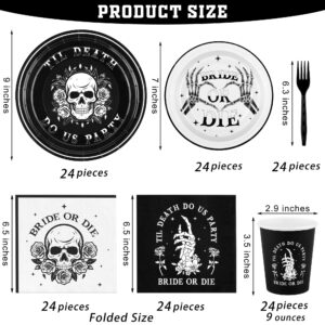 durony 144 Pieces Bride or Die Paper Plates and Napkins Dinnerware Set Halloween Party Tableware Includes Paper Plates Napkins Forks Serve 24 for Bachelorette and Halloween Party Supplies