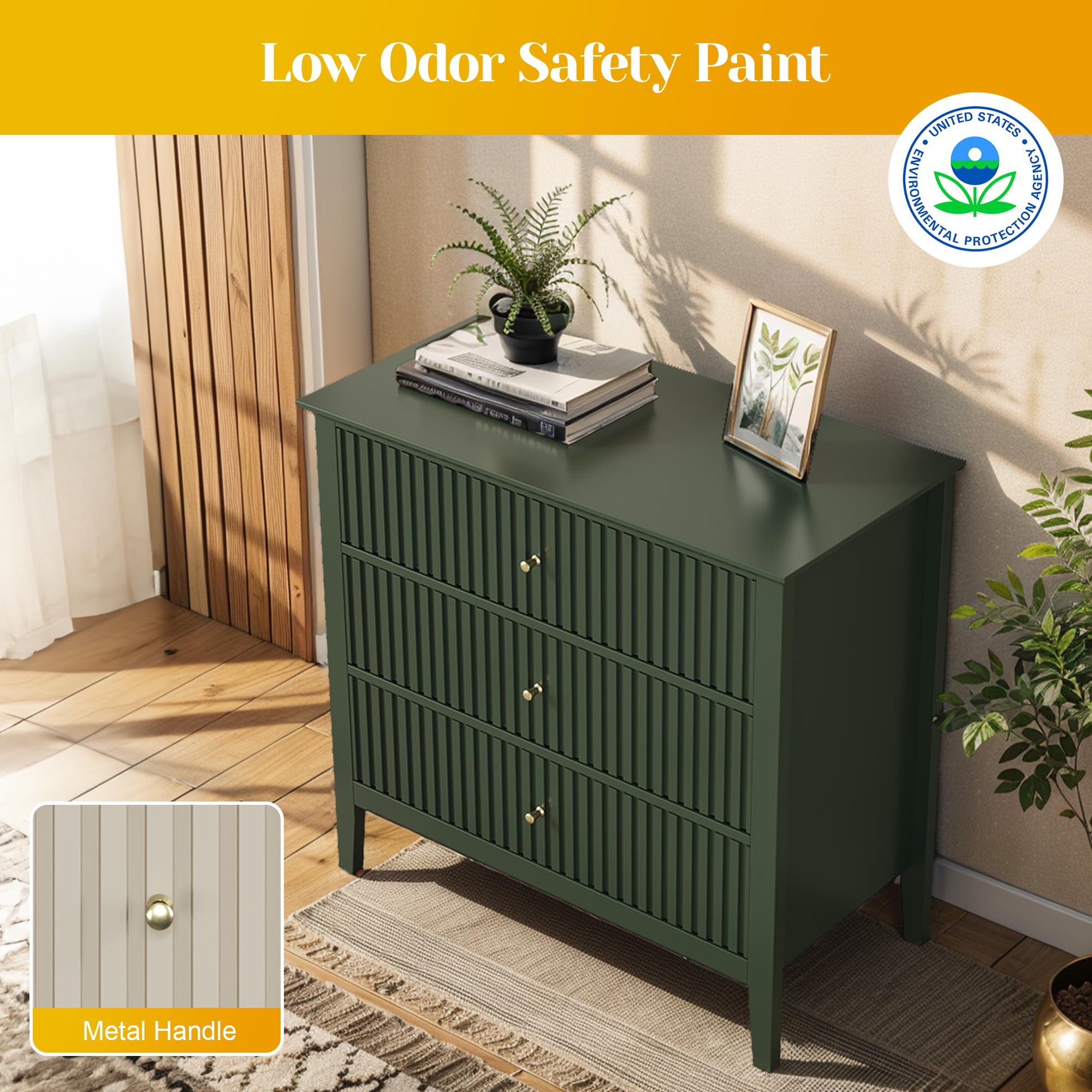 May in Color Green 3 Drawer Dresser, Painted 30 Inch Tall Wood Nightstand with Storage, Wide Modern Chest of Drawers with Ball Bearing Slide for Bedroom Hallway Living Room Entryway Office