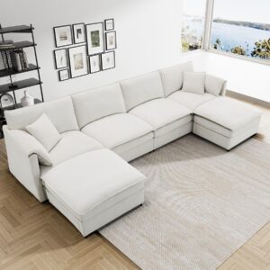 onemmlion 134" cloud couch sectional sofa with ottomans, modular sectional couch with double cushions, modern 6 seat comfy oversized chenille u shaped couch for living room, cream white