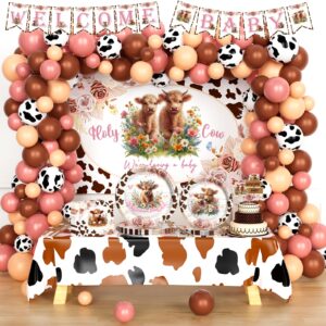 hombae highland cow baby shower decorations, baby shower decorations for girls, holy cow baby shower supplies, highland cow theme backdrop balloon banner tablecloth cake topper plates napkins forks