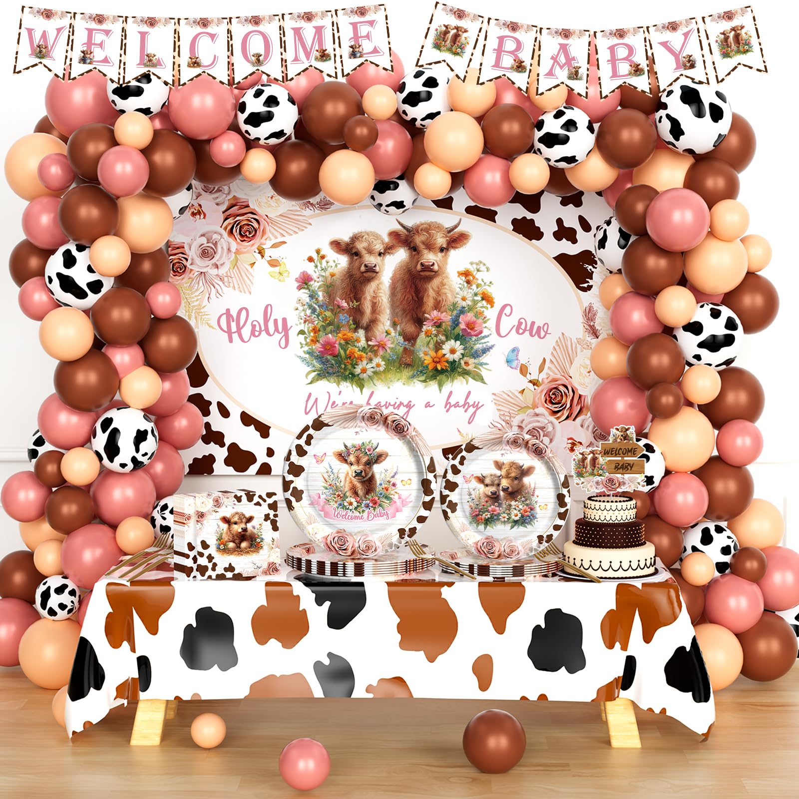 Hombae Highland Cow Baby Shower Decorations, Baby Shower Decorations for Girls, Holy Cow Baby Shower Supplies, Highland Cow Theme Backdrop Balloon Banner Tablecloth Cake Topper Plates Napkins Forks