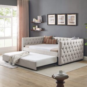 dnyn upholstered full size daybed with trundle, extendable bedframe w/put out bed design & button & copper nail,no box spring needed,for small space, beige