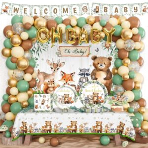 hombae woodland baby shower supplies, forest animal neutral baby shower decorations, baby shower decorations for boy, backdrop balloon banner tablecloth cake topper, plates, napkins, forks