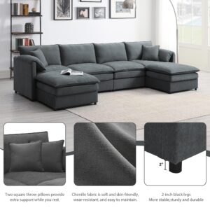 ONEMMLION 134" Cloud Couch Sectional Sofa with Ottomans, Modular Sectional Couch with Double Cushions, Modern 6 Seat Comfy Oversized Chenille U Shaped Couch for Living Room, Grey