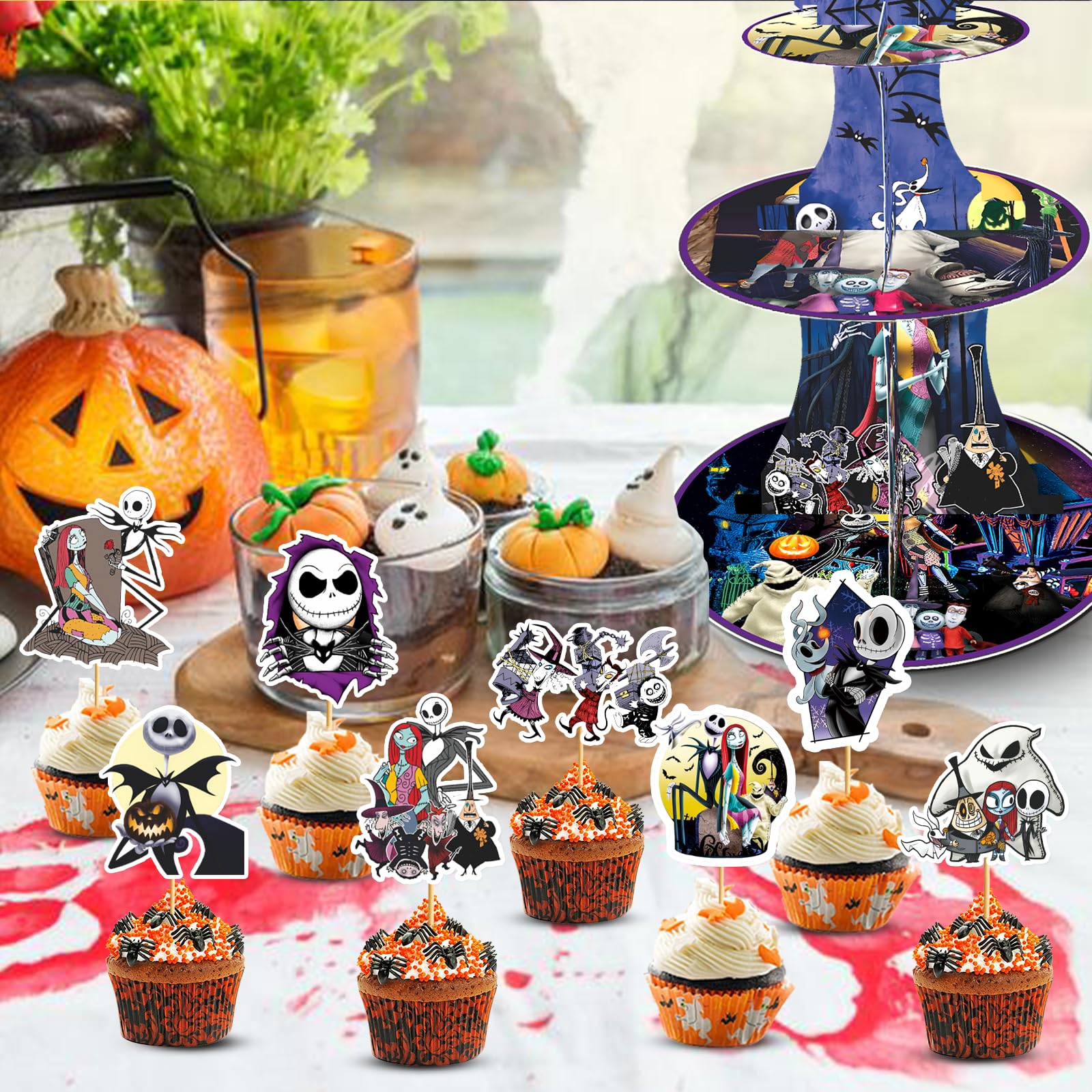 Nightmare Before Christmas Cupcake Stand 3 Tier Halloween Cupcake Stand with Nightmare Before Christmas Cupcake Toppers for Nightmare Before Christmas Birthday Decorations Halloween Birthday Decor