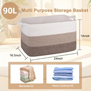 OIAHOMY Extra Large Blanket Basket, 90L Cotton Rope Woven Laundry Basket, Toy Basket for Baby Room, Basket for Blanket Storage in Living Room, 24''×16.5''×14'', Gradient Brown