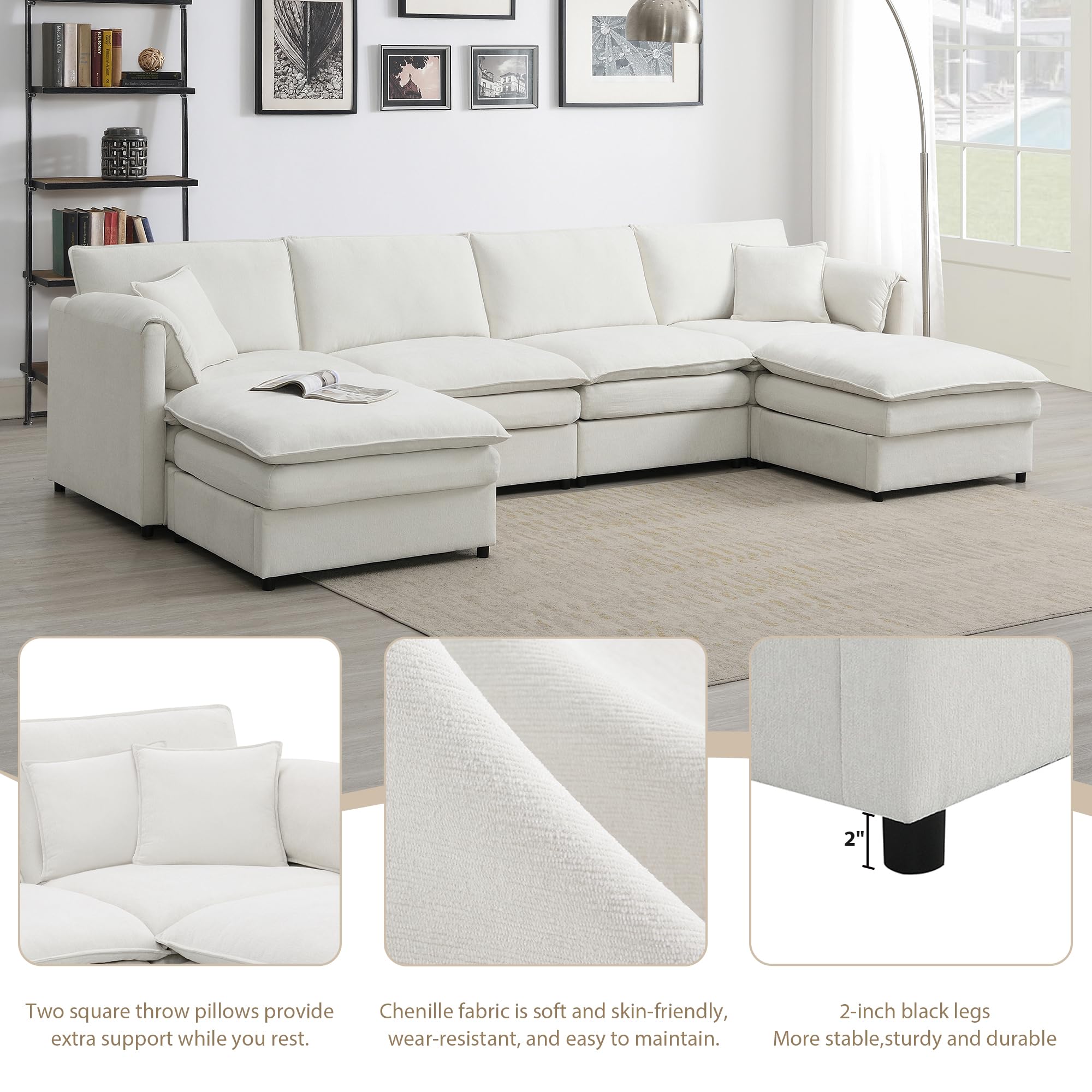 ONEMMLION 134" Cloud Couch Sectional Sofa with Ottomans, Modular Sectional Couch with Double Cushions, Modern 6 Seat Comfy Oversized Chenille U Shaped Couch for Living Room, Cream White