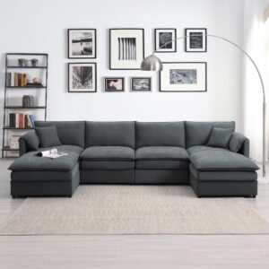 ONEMMLION 134" Cloud Couch Sectional Sofa with Ottomans, Modular Sectional Couch with Double Cushions, Modern 6 Seat Comfy Oversized Chenille U Shaped Couch for Living Room, Grey