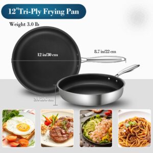 Homikit Nonstick Frying Pan 12 Inch, Large Non Stick Stainless Steel Skillet, Kitchen PFOA Free Cookware Healthy Induction Cooking Fry Pan, Deep Omelette Egg Pan with Handle, Non-stick & Oven Safe