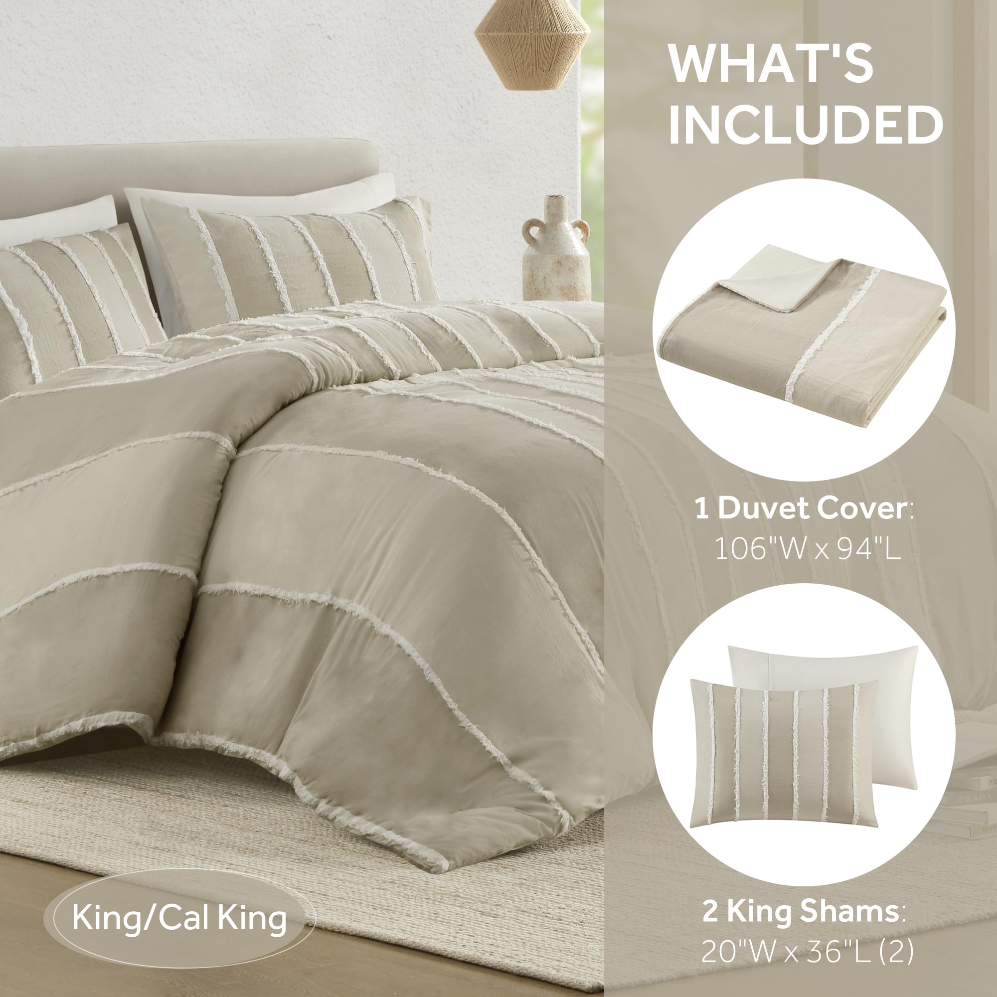 INK+IVY King Duvet Cover Set Boho Duvet Covers Stripes, Clipped Jacquard, Cotton Duvet Cover for King Size Bed, All Season Lightweight King Bedding Cover & Shams, Shay, King/Cal King, Taupe 3 Piece