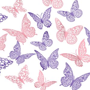 3d gold butterfly wall decor 48pcs 3 sizes 4 styles butterfly party decorations cake decorations removable stickers wall decor room mural metallic kids (purple+pink)