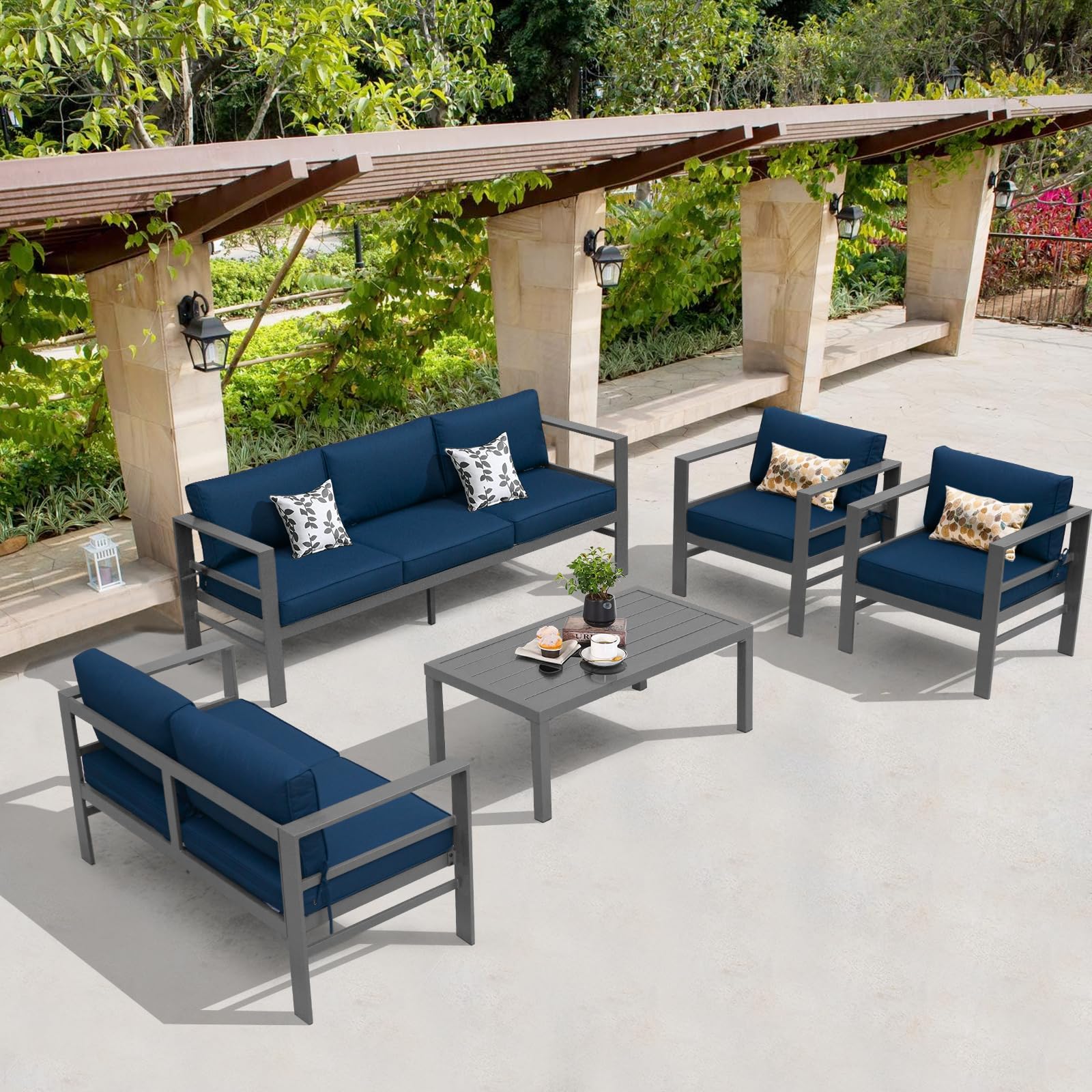 Auzfy 5 PCS Cast Aluminum Outdoor Patio Furniture Set, Metal Patio Conversation Furniture Set, Modern Outdoor Aluminum Patio Sectional Sofa Set with Removable Cushions and Coffee Table, Dark Blue