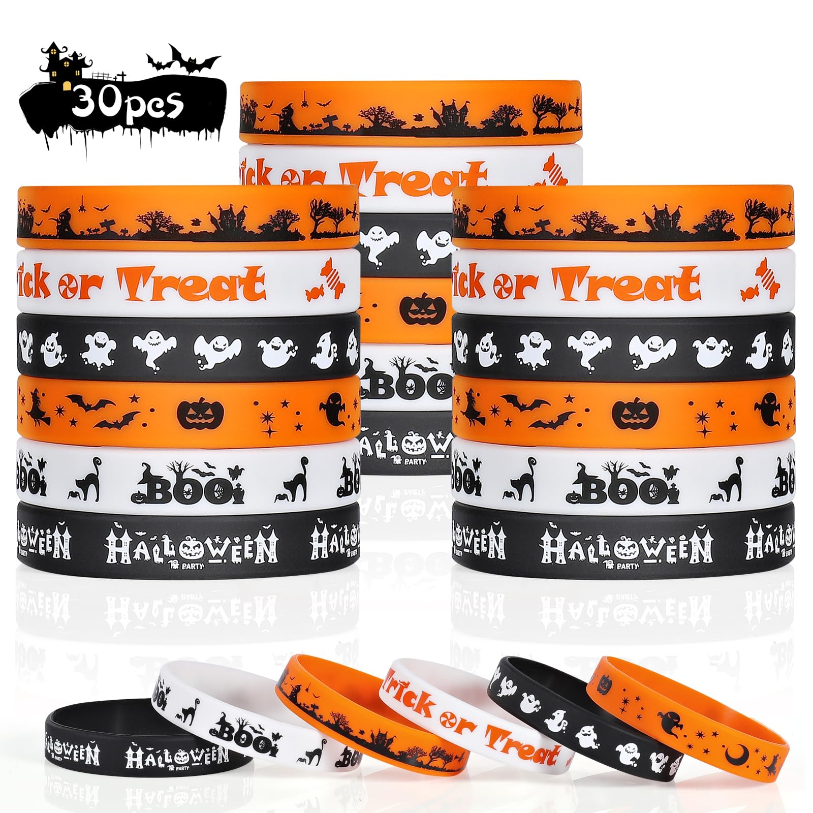 Halloween Rubber Bracelets 30 PCS Bulk Halloween Party Favors Supplies Silicone Wristbands for Halloween Gifts Toys Goodie Bag Fillers Stuff Classroom Prizes for Kids Teens Girls Boys