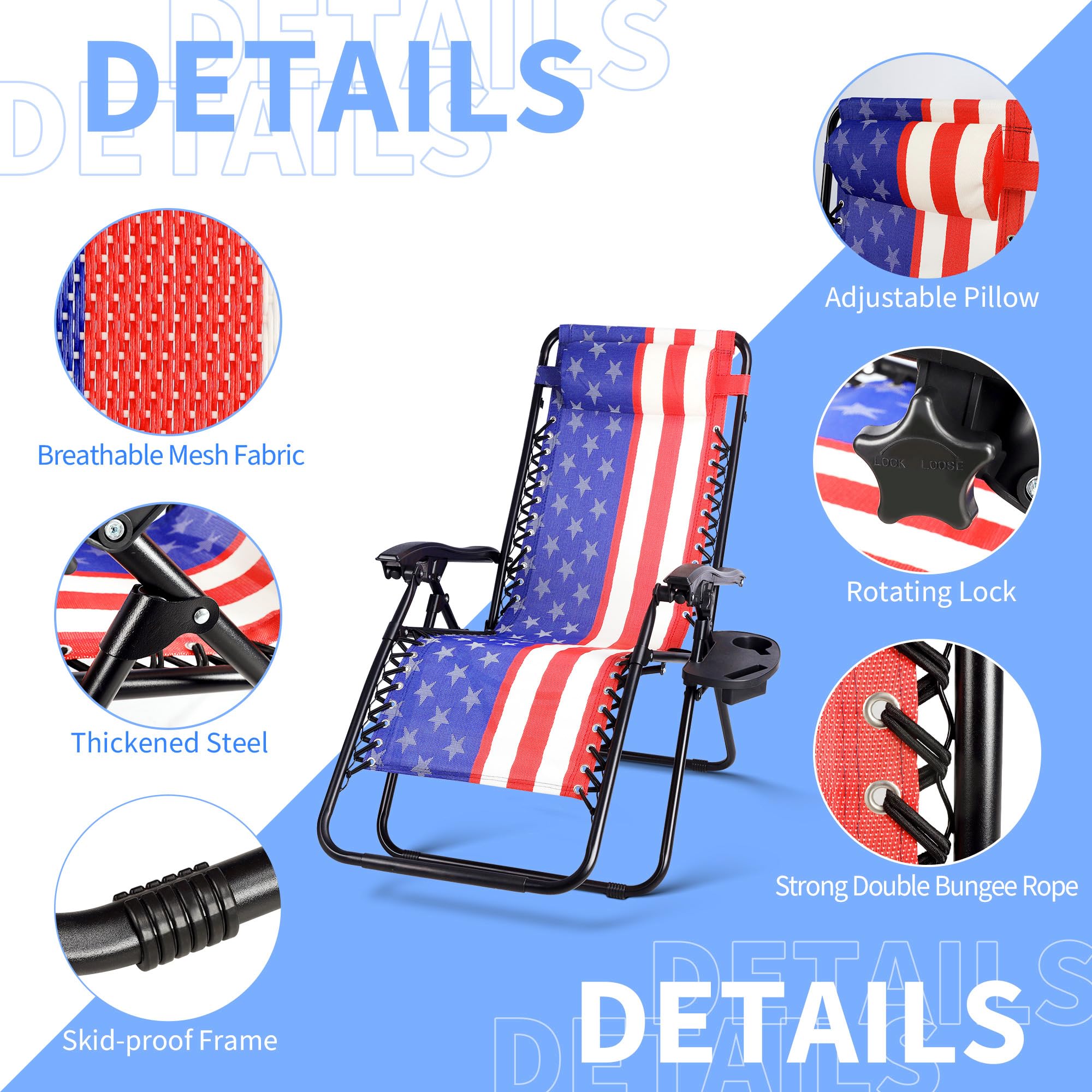 Colorsoul Zero Gravity Chairs Set of Two, Outdoor Adjustable Folding Reclining Lounge Chairs, with Head Pillow and Holder Tray, for Poolside Backyard and Beach (American Flag)