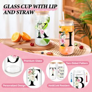 WINOWIMO Initial Glass Cups with Lids and Straws, Personalized Gifts for Women, Iced Coffee Cup Glass Tumbler, Birthday Bridesmaid Proposal Inspirational Customized Christmas Gifts for Women Girls (L)