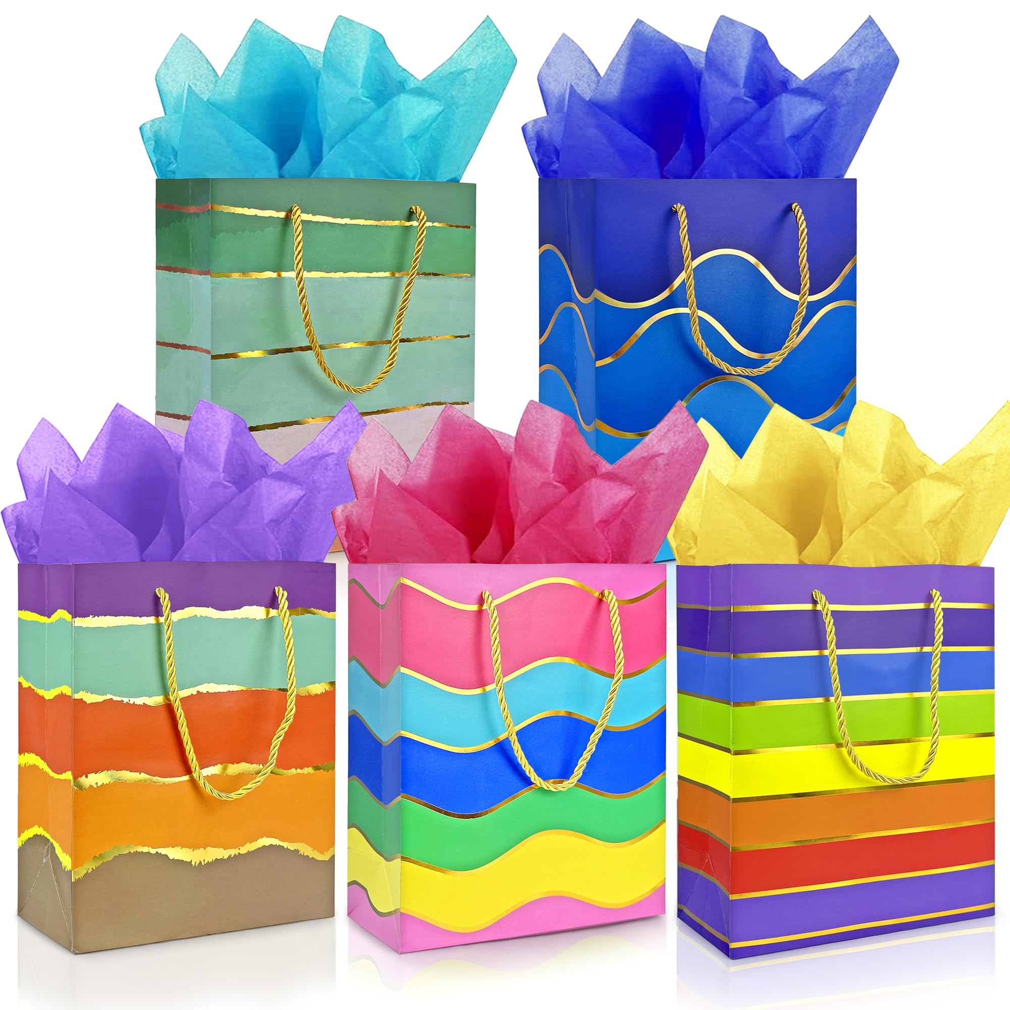 MUMULULU 5 Pack Paper Gift Bags with Handle and Tissue Paper Birthday Gift Bags Rainbow Gift Bags for Birthday Party Baby Shower Wedding Holiday Presents