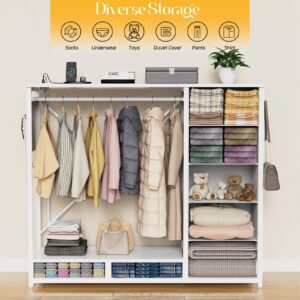 SZLHANJZ Dresser for Bedroom with Hanging Rack, 7 Drawer Clothes Storage Chest with Lights and Charging Station, Wardrobe Dresser with Hooks and Pocket, Wood Top, Nursery White