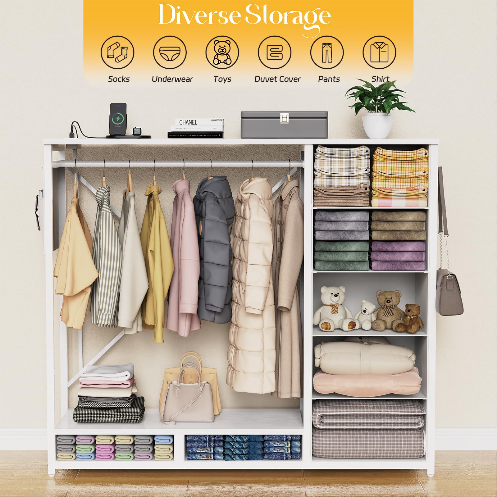 SZLHANJZ Dresser for Bedroom with Hanging Rack, 7 Drawer Clothes Storage Chest with Lights and Charging Station, Wardrobe Dresser with Hooks and Pocket, Wood Top, Nursery White