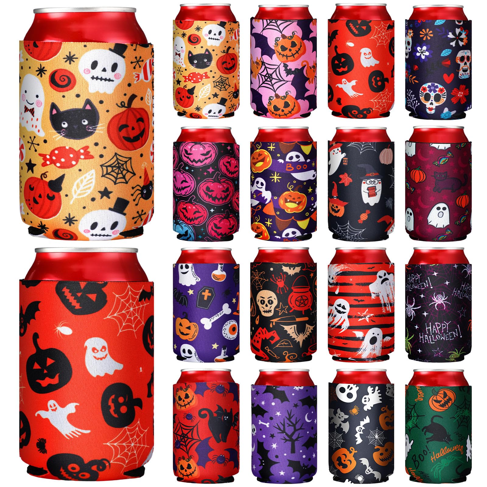 Chengu 16 Pcs Beer Can Sleeves Halloween Beer Can Cooler Insulated Beer Soda Can Cover 12oz Neoprene Beer Holder Non Slip Colored Drink Can Covers for Beer Cans Bottles Home Kitchen Office Bar