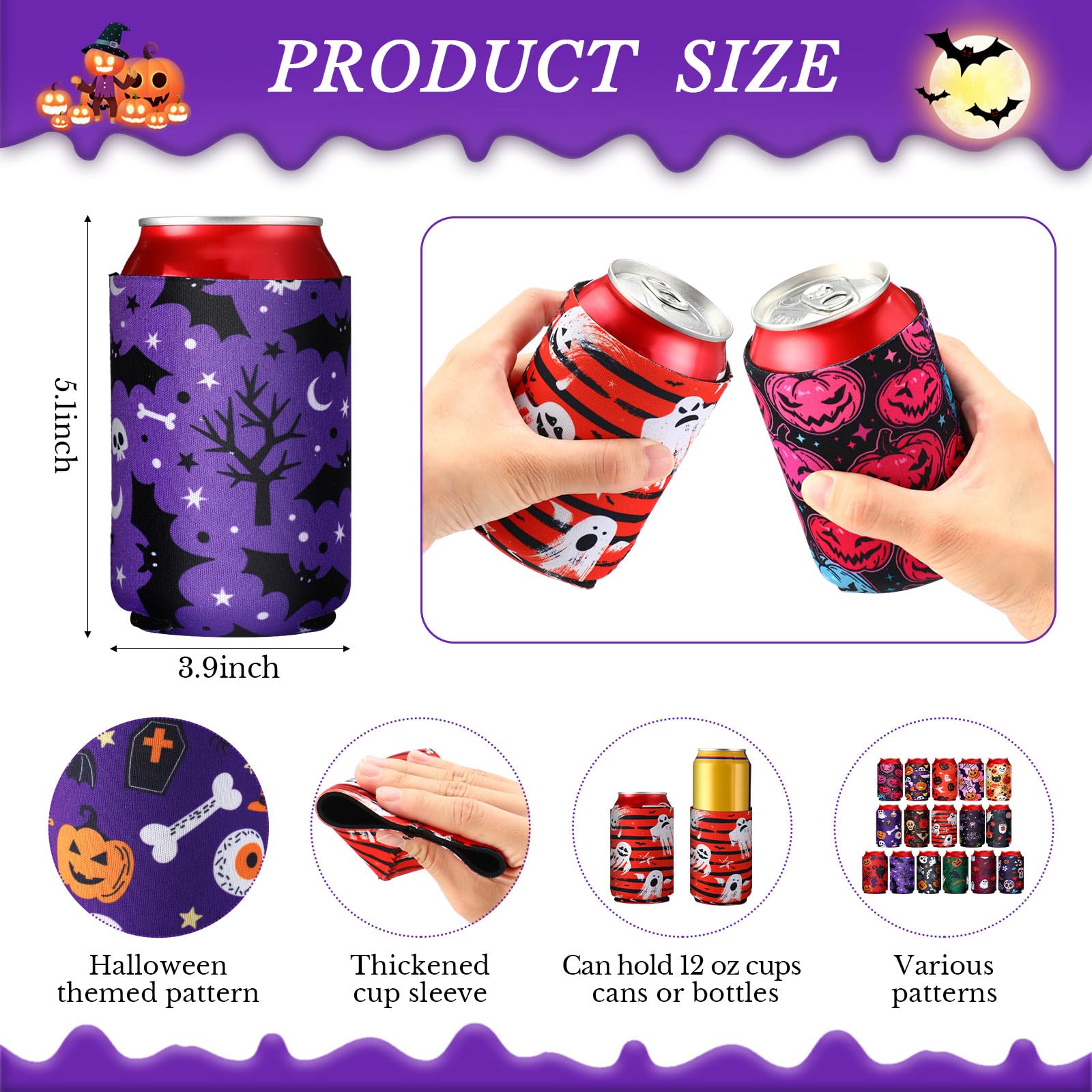 Chengu 16 Pcs Beer Can Sleeves Halloween Beer Can Cooler Insulated Beer Soda Can Cover 12oz Neoprene Beer Holder Non Slip Colored Drink Can Covers for Beer Cans Bottles Home Kitchen Office Bar