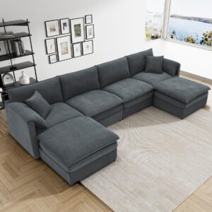 onemmlion 134" cloud couch sectional sofa with ottomans, modular sectional couch with double cushions, modern 6 seat comfy oversized chenille u shaped couch for living room, grey