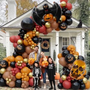 DBKL 160Pcs Halloween Balloon Garland Arch Kit, Black Dusty Orange Yellow Gold Halloween Balloon Arch with Giant Pumpkin Skull Bat Foil Balloons 3D Bat Stickers for Halloween Party Decorations